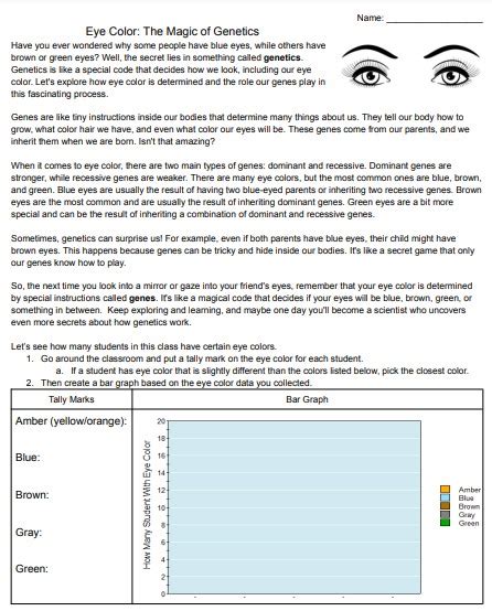 Eye Color The Magic Of Genetics Reading Passage And Graphing Worksheet Educational Resource