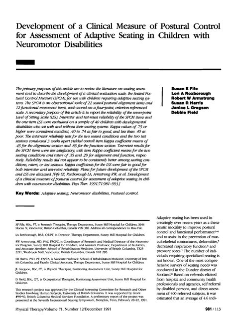 Pdf Development Of A Clinical Measure Of Postural Control For Assessment Of Adaptive Seating