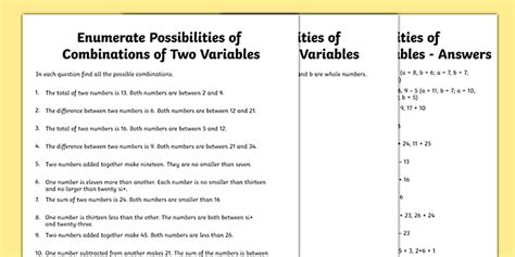 Year 6 Enumerate Possibilities Of Combinations Of Two Variables Worksheet
