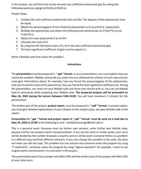 In This Project You Will Form The Strictly Hurwitz Chegg Com