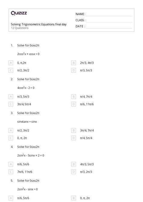 50 Trigonometric Equations Worksheets For 12th Class On Quizizz Free And Printable