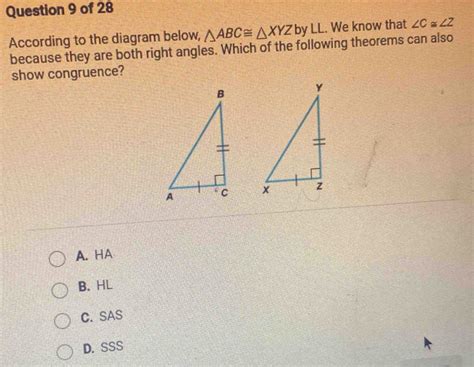 solved question 9 of 28 according to the diagram below abc≌ xyz by ll