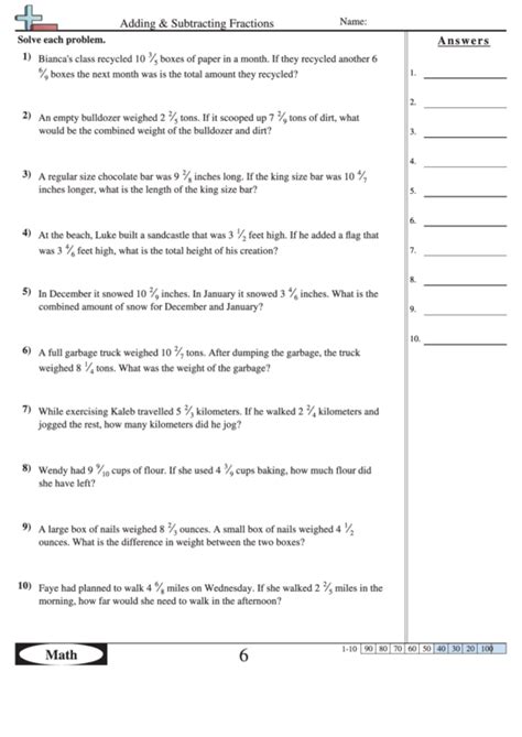 Adding And Subtracting Fractions Worksheets With Answer Key Common Core
