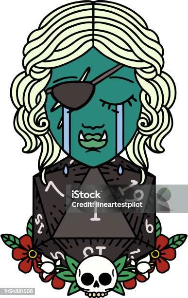 복고풍 문신 스타일 우는 반 오크 불량 캐릭터 자연 하나 D20 롤 굴리기에 대한 스톡 벡터 아트 및 기타 이미지 굴리기