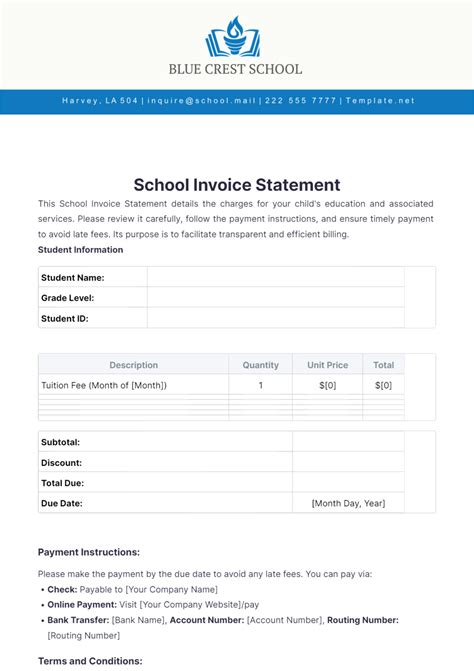 Free School Invoice Statement Template To Edit Online
