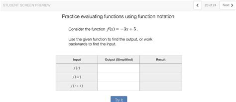 Practice evaluating functions using function notation. Consider the function f(x) = -3x + 5 ...
