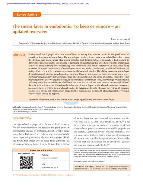Pdf The Smear Layer In Endodontic To Keep Or Remove An Updated Overview