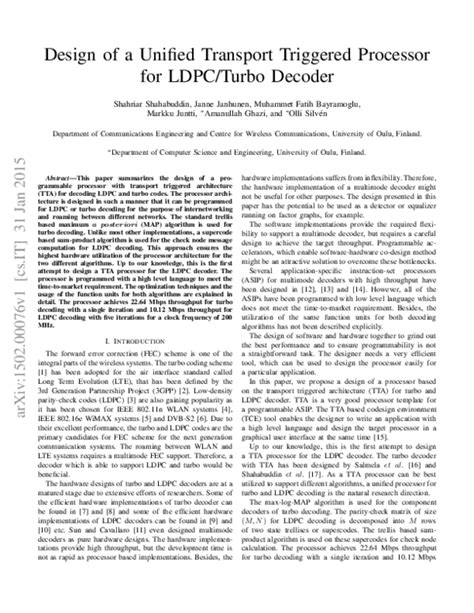 Pdf Design Of A Unified Transport Triggered Processor For Ldpc Turbo Decoder