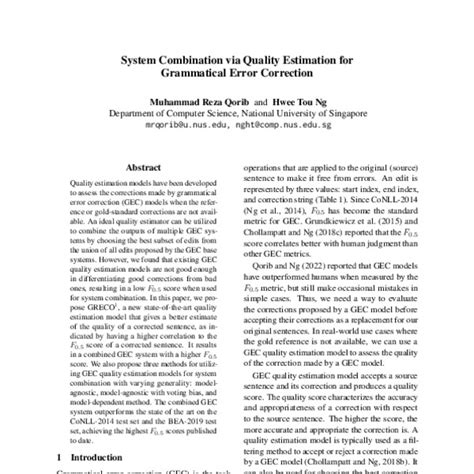 System Combination Via Quality Estimation For Grammatical Error Correction Acl Anthology