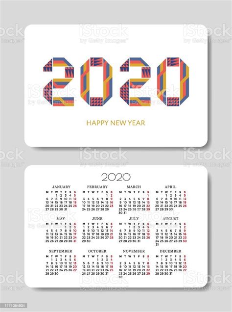 포켓 캘린더 2020 흰색 배경에 화려한 장식 그림 새해 복 많이 받으시고 현대적인 디자인 템플릿입니다 주 월요일에 시작됩니다 12월 31일에 대한 스톡 벡터 아트 및 기타
