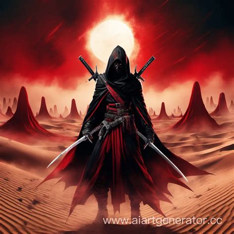 Mysterious Desert Assassin With Dual Katanas And Fiery Aura Ai Art Generator