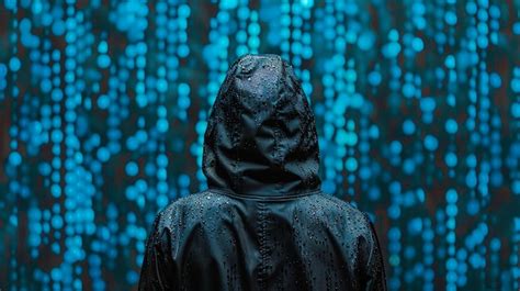 Anonymous Hacker With Face Concealed Blue Binary Code Backdrop Evoking