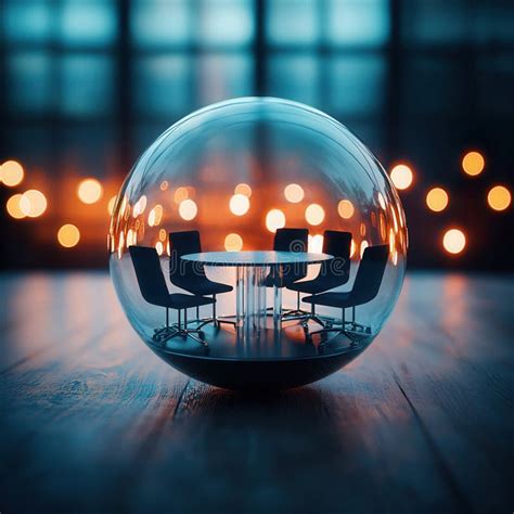 Glass Sphere With Subtle Glassmorphism Effect Holding A Miniature Conference Room With A Round