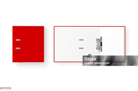 벡터 3d 닫기 및 흰색 배경에 격리 된 A4 용지 시트 클로즈업금속 링과 현실적인 빨간색 빈 칸 사무실 바인더를 열었습니다 디자인 템플릿 모형 상단 보기 빨강에 대한 스톡
