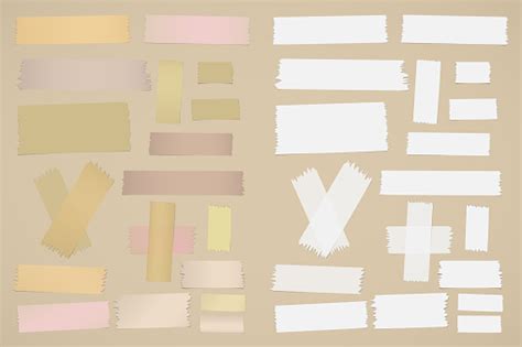 다른 크기의 끈적 끈적한 점착 마스킹 테이프조각이 갈색 배경에 있습니다 0명에 대한 스톡 벡터 아트 및 기타 이미지 0명