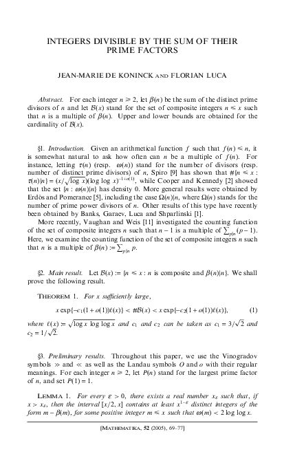Pdf Composite Integers Divisible By Their Prime Sums