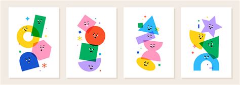 다른 얼굴 감정 아이들을위한 재미있는 포스터 아이디어와 귀여운 만화 기하학적 인물 다채로운 캐릭터 트렌디 한 벡터 일러스트레이션