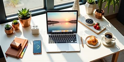 Modern Workstation With Laptop Smartphone And Breakfast Stock Illustration Illustration Of
