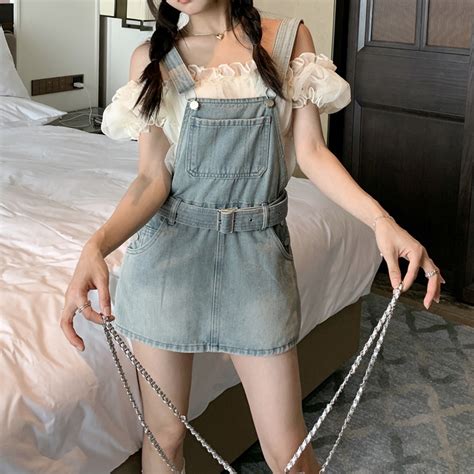 스퀘어넥 허리 밸트 데님 멜빵 미니원피스 2k108590