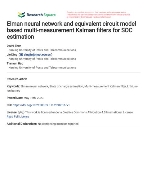Pdf Elman Neural Network And Equivalent Circuit Model Based Multi Measurement Kalman Filters