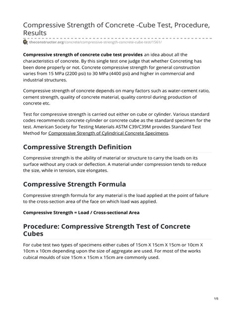 Compressive Strength Of Concrete Cube Test Procedure Results Pdf Concrete Structural