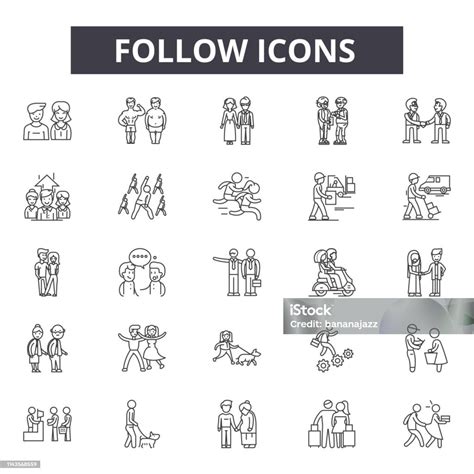 라인 아이콘 기호 설정 벡터를 따르십시오 개요 개념 그림 따르기 사회 팔 로우 디 미디어 네트워크 및 통신 개념에 대한 스톡 벡터 아트 및 기타 이미지 Istock