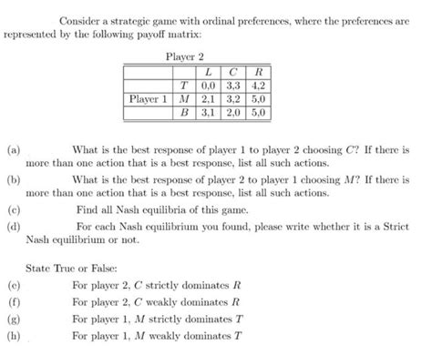 Solved Consider A Strategic Game With Ordinal Preferences