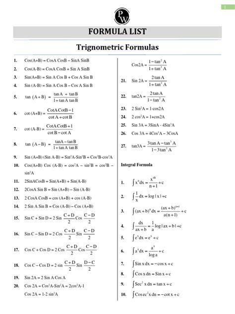 Formulas List Maths Sanjay Sir Akash 1 Pdf Trigonometric
