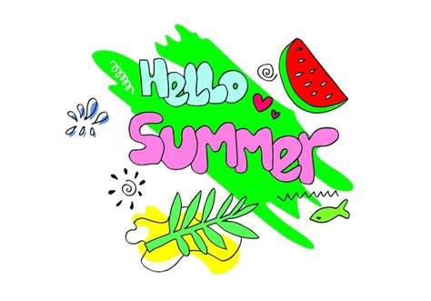 안녕하세요 여름 카드 포스터 텍스트와 트로픽 리프 손으로 그린 낙서 전단지 예술 프리미엄 벡터