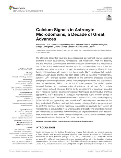 Pdf Calcium Signals In Astrocyte Microdomains A Decade Of Great Advances