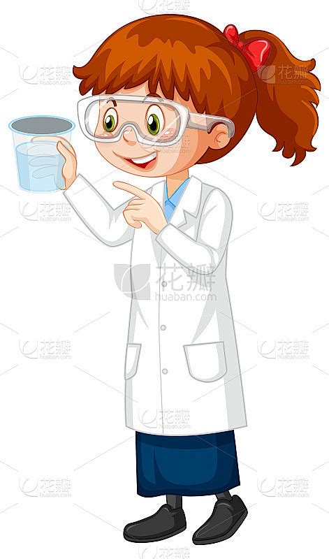 可爱的女孩卡通人物穿着科学实验服