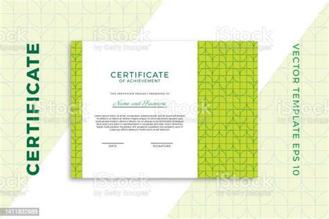 졸업 또는 과정 완료를위한 트렌디 디플로마 수평 템플릿 녹지 기하학적 패턴으로 감사의 증서의 우아한 디자인 벡터 배경 Eps 10 0명에 대한 스톡 벡터 아트 및 기타