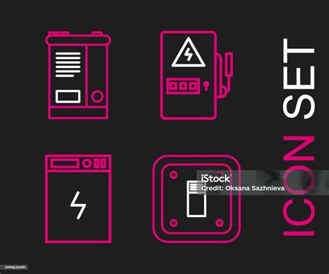라인 전등 스위치 보조 배터리 전기 패널 및 자동차 배터리 아이콘을 설정합니다 벡터 Usb 케이블에 대한 스톡 벡터 아트 및 기타 이미지 Usb 케이블 고압 전류 주의