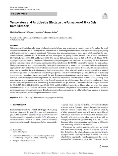 Pdf Temperature And Particle Size Effects On The Formation Of Silica Gels From Silica Sols