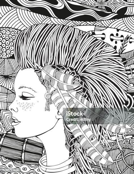 어린 아름 다운 소녀 오 흰색 배경입니다 아메리칸 인디언 여자 성인과 어린이를 위한 불안 완화 색칠하기 책 낙서 태양 구름 줄무늬 모자를 쓴 달 책의 경우 85 X 11