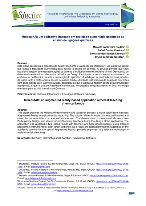 Pdf Molecular Um Aplicativo Baseado Em Realidade Aumentada Destinado Ao Ensino De Ligações