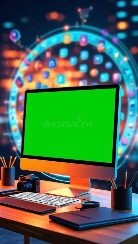 Modern Sleek Computer Setup With Vibrant Display On Wooden Desk Stock