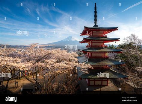 Fujiyoshida Japan At Chureito Pagoda And Mt Fuji In The Spring With