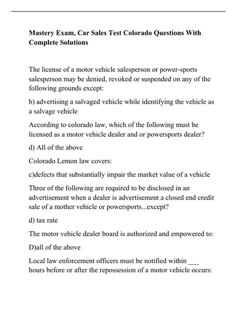 Mastery Exam Car Sales Test Colorado Questions With Complete Solutions Mastery Car Sales