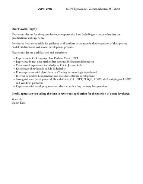 Quant Developer Cover Letter Velvet Jobs