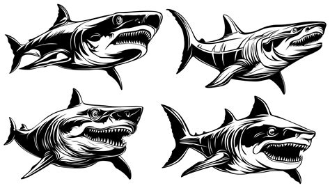 Set Megalodon Shark Icon Dangerous Ocean Monster Predator Monochrome