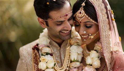 Close Up Of Smiling Indian Bride And Groom With Traditional Weeding