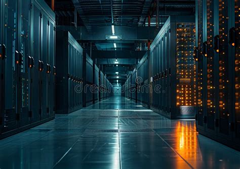 Modern Data Center Hallway With Blue Lighting And Advanced Servers