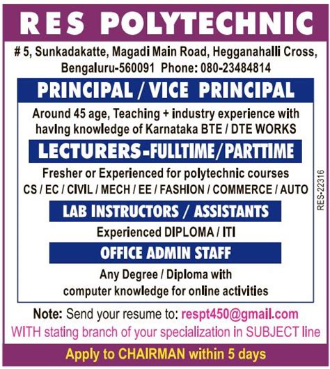 Res Polytechnic Bangalore Wanted Principal Vice Principal Lecturer Non Teaching Staffs