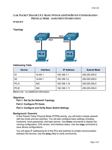 Lab Packet Tracer 292 Basic Switch And End Device Configuration