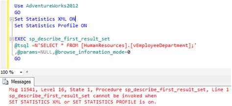 sql server 2012 fix error sp describe first result set cannot be