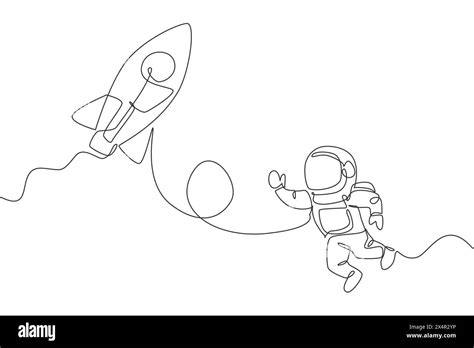 Single Continuous Line Drawing Of Astronaut In Spacesuit Flying At Outer Space With Rocket