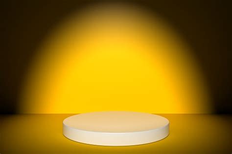 노란색 배경에 격리 된 둥근 흰색 무대 연단 개념 그림입니다 시상식을 위한 축제 연단 장면 제품 프레젠테이션용 흰색 받침대 3d 렌더링 3차원 형태에 대한 스톡 사진 및