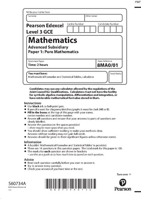 Edexcel Maths AS Level Specimen Paper Pure Mathematics QP Studocu