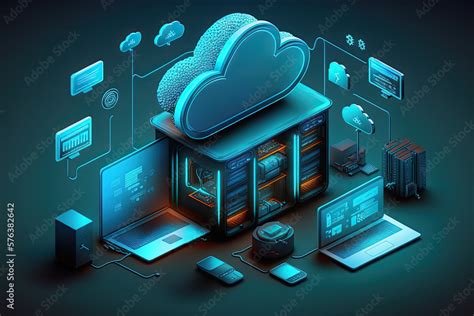 Cloud Technology Computing Devices Connected To Digital Storage In The Data Center Via The